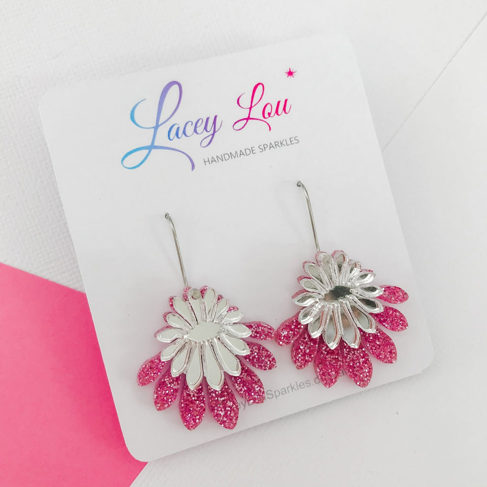 Medium Flower Frill Statement Dangle - Silver and pink glitter Acrylic ...